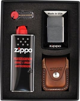Zippo Gift set with leather bag Brown incl gasoline + flint - JWare