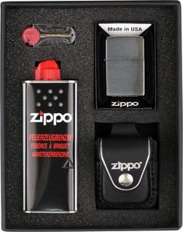 Zippo Gift Set with leather bag Black incl gasoline + flint - JWare
